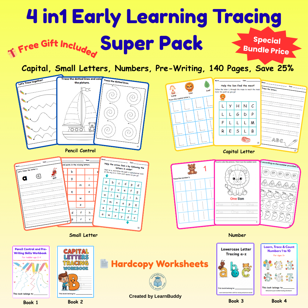 Hardcopy Printed Tracing Worksheet 4-in-1 Bundle for kid Alphabet ...