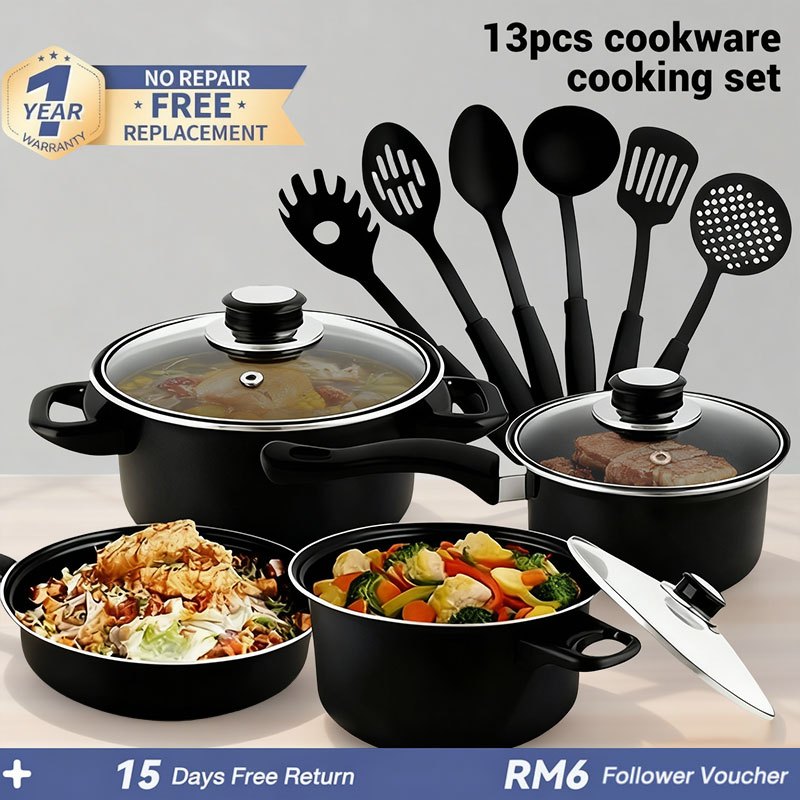 13pcs Non Stick Cookware Set Stainless Steel Pot Fry Pan Cooking Set ...