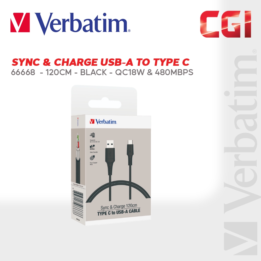 Verbatim 66668 120cm Sync & Charge USB to Type-C PVC Cable (QC18W ...