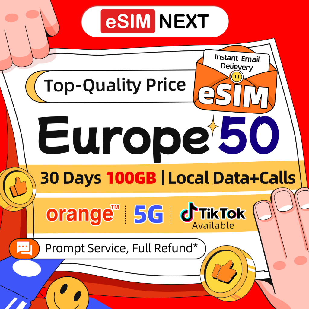 Europe eSIM 41 Countries 5G Data Call+SMS Orange Holiday Support 12GB ...