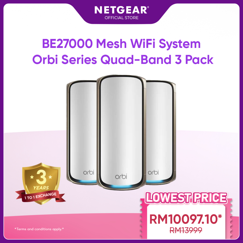 Netgear BE27000 Mesh WiFi System (RBE973S) Orbi Series Quad-Band WiFi 7 ...