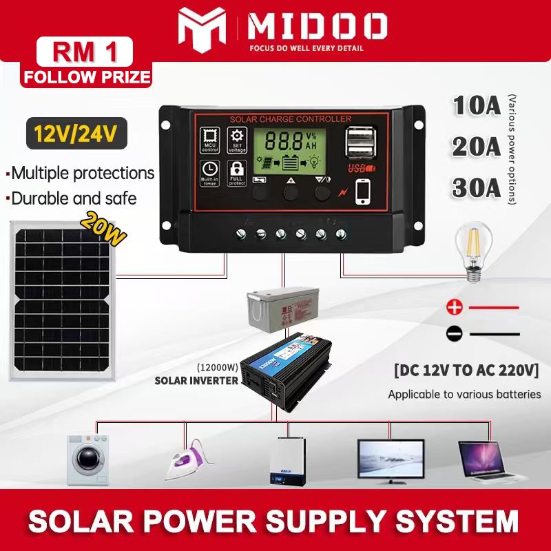 30 Solar Controller Solar System DC 12V/24V to AC 220V Power Inverter ...