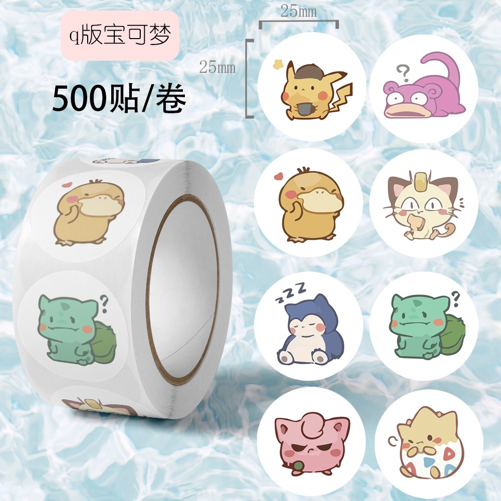 500pcs/roll Q Pokemon Pikachu Squirtle Snorlax Anime Sticker Roll Tapes ...