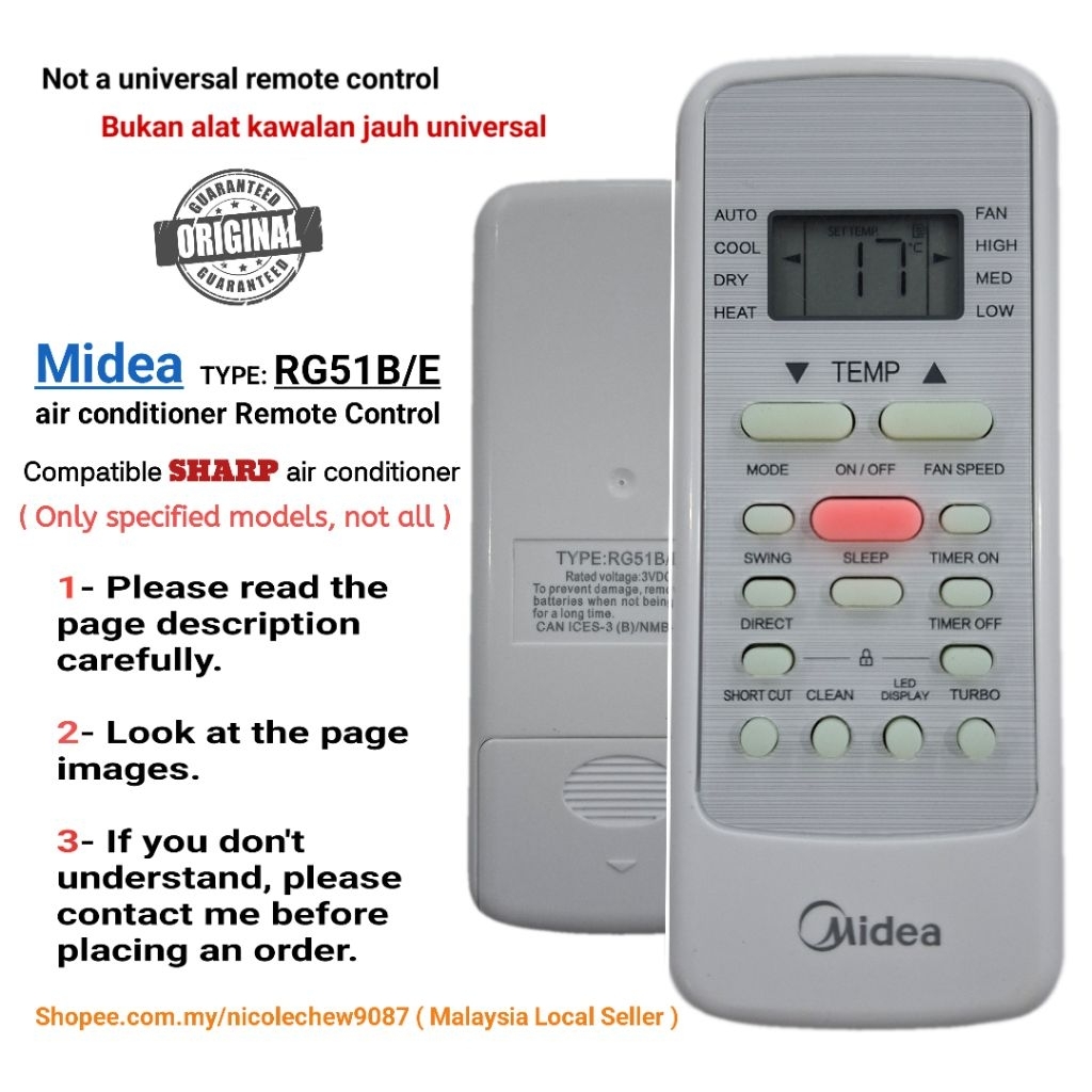 Original Midea RG51B/E air conditioner Remote Control Suitable RG51I4 ...