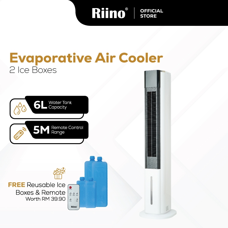Riino Evaporative Air Cooler Portable Slim Tower Remote Control LED ...