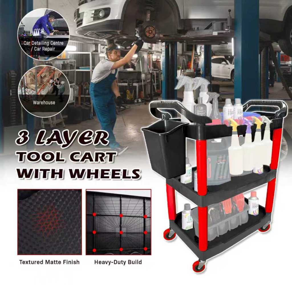 Car Detailing Trolley Tool Cart 3-Layer Troli Peralatan Kereta Auto ...