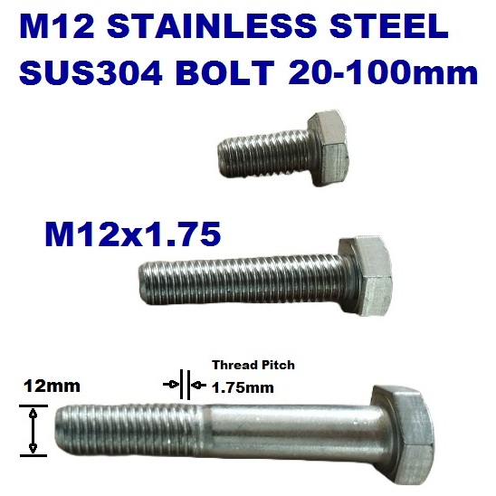 M12 SUS304 STAINLESS STEEL Bolt and Nut 20mm-100mm| Half Thread / Full ...