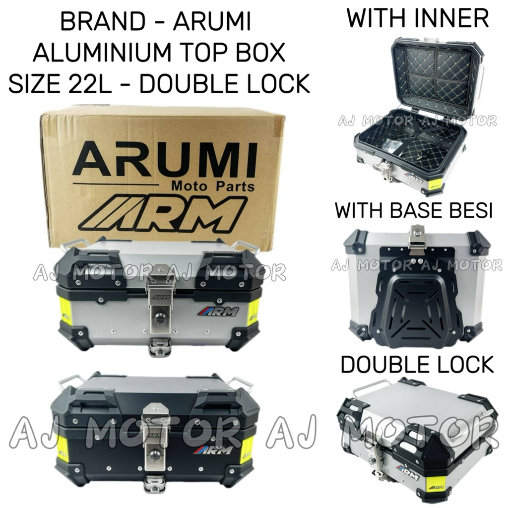 ORI ARUMI 22L TOP BOX FULL ALUMINIUM DOUBLE LOCK WITH BASE & INNER ...