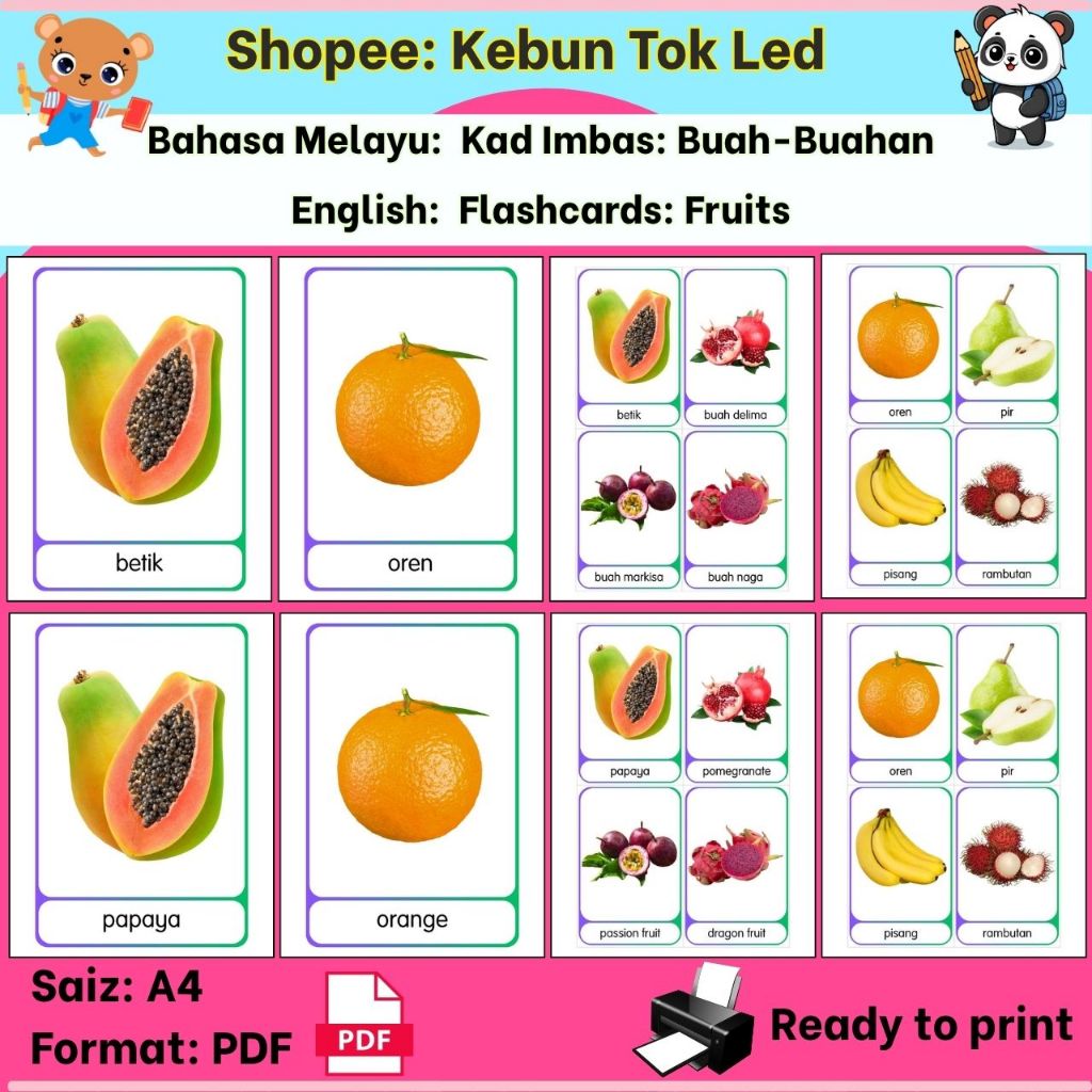 Kad Imbas Buah-Buahan (BM & English) | Flashcard Fruits | PDF Digital ...