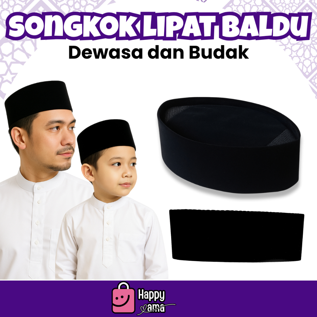 Songkok Baldu Lipat Tinggi 9cm Rata Dewasa dan Budak Kanak Peci Murah ...