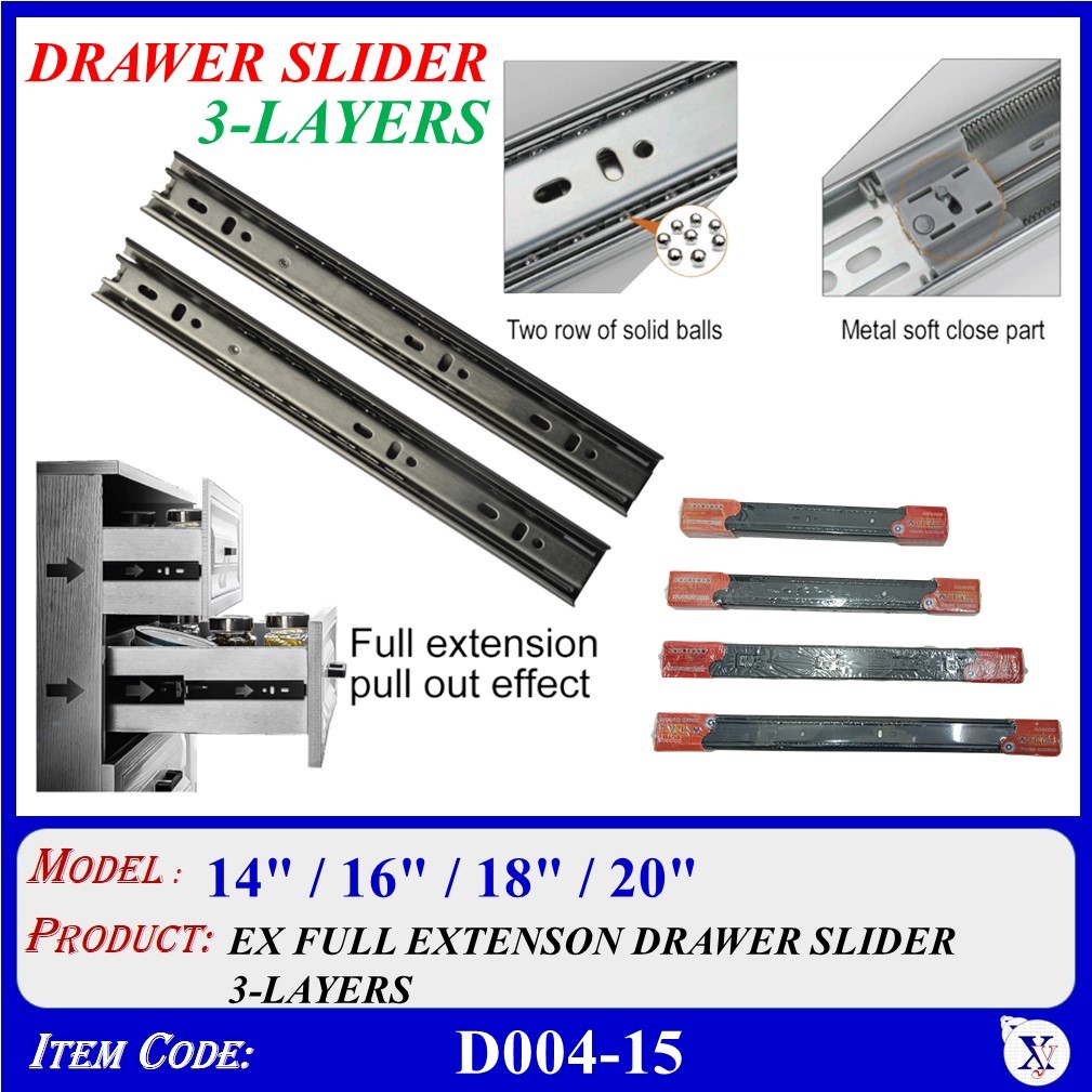 (14" / 16" / 18" / 20") EX FULL EXTENSON DRAWER SLIDER 3-LAYERS - D004 ...