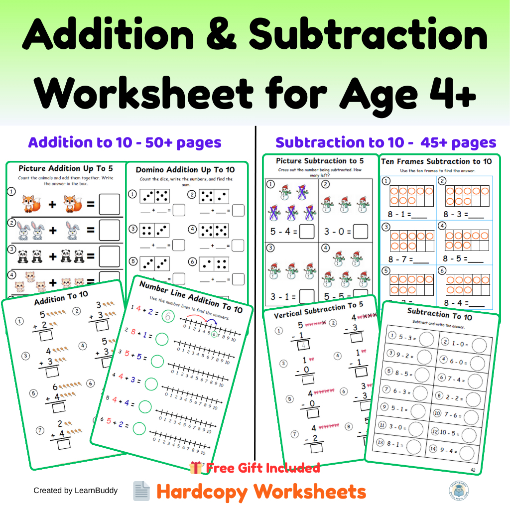 Math Single Digit Addition & Subtraction Worksheet Preschool Age 4 ...