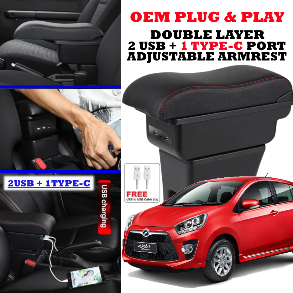 Perodua Axia Car Armrest Box Double Layer Storage Organizer PU Leather ...