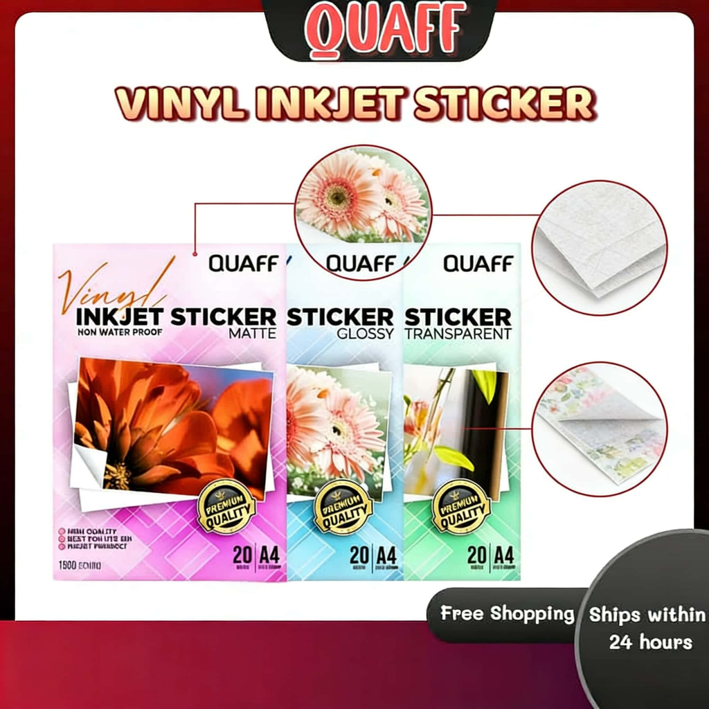 QUAFF Vinyl Inkjet Sticker A4 Size(Glossy/Matte/Transparent)20 Sheets ...