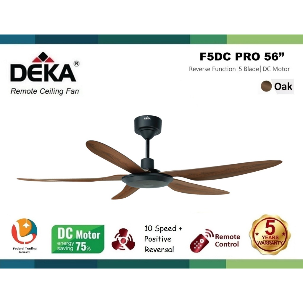 DEKA F5DC Pro Oak Remote Ceiling Fan 10 Speed DC Motor 56'' ABS 5 Blade ...