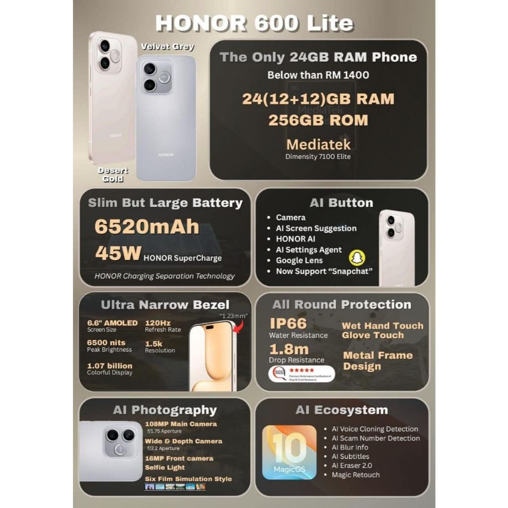 Honor 600 Lite 5G Smartphones 256gb/12gb - Official 1 Year Honor ...