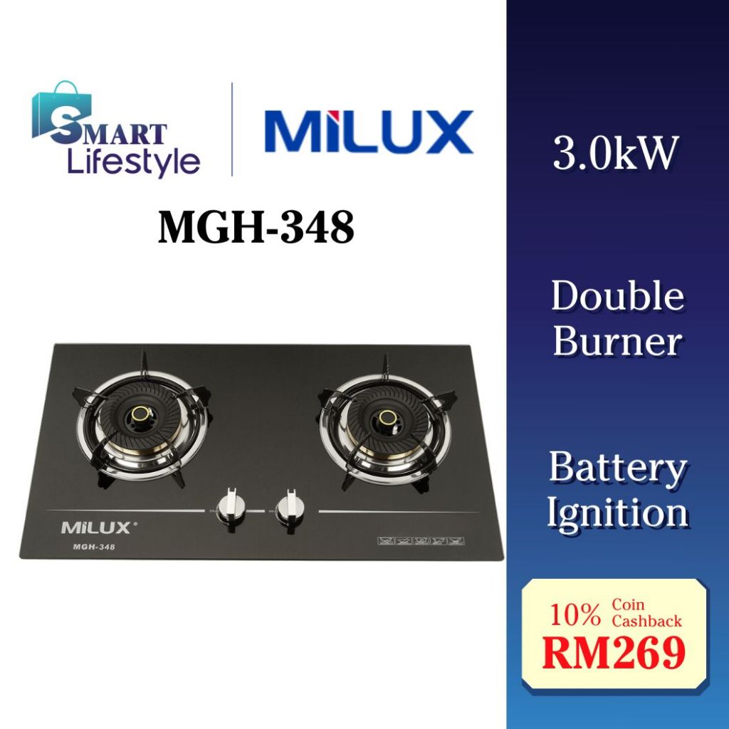Milux 3.0kW Double Burner Built-in Tempered Glass Gas Cooker MGH-348 ...