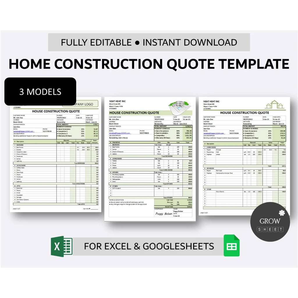 Printable House Renovation Quote Template Price Quotation Form for ...