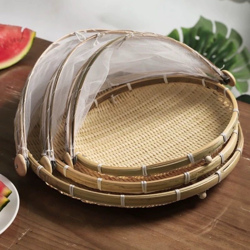 Bamboo Food Basket With Cover Hand-Woven Serving Dustproof Tent rattan ...