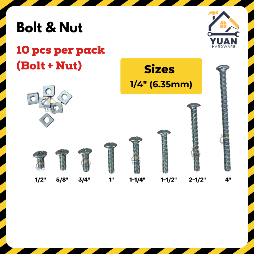 [10 Set] 3/16", 1/4" Galvanised Roofing Bolt & Nut | Screw & Nut | Skru ...