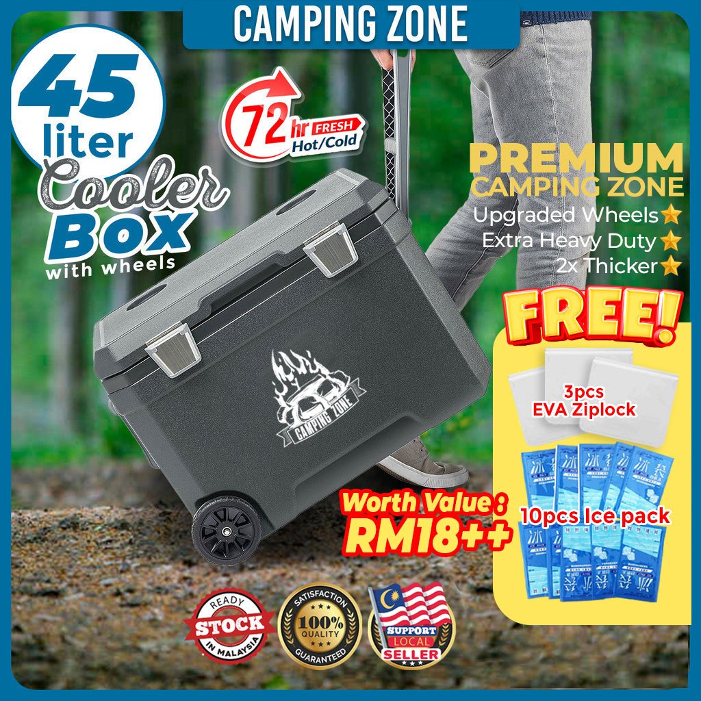 45L BLACK Kotak Ais Batu Memancing Cooler Box with Wheel Portable ...