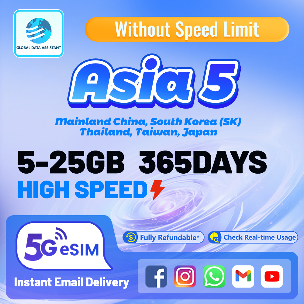 Asia 5 eSIM:China+Thailand+Japan+SK+TaiWan eSIM 5-25GB 365 Days 24h ...