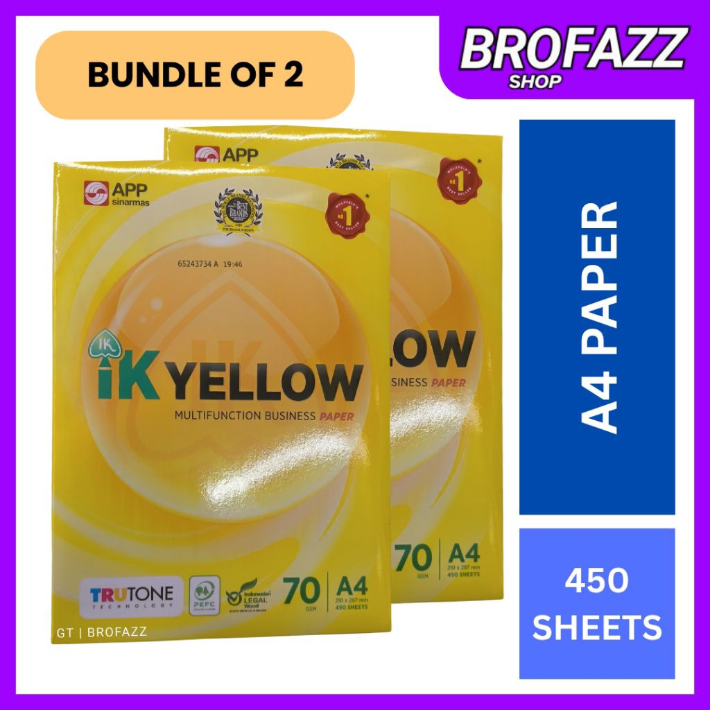 (Bundle of 2) IK YELLOW A4 PAPER 70gsm 450 Sheets X 210mm X 297 mm ...