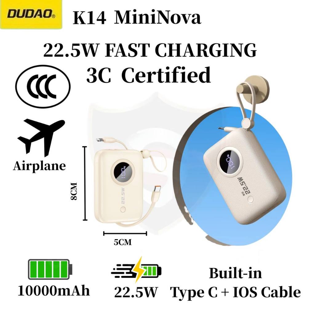 CCC DUDAO K14 MiniNova Power Bank 10000mAh | Built-in Cable Type-C ...