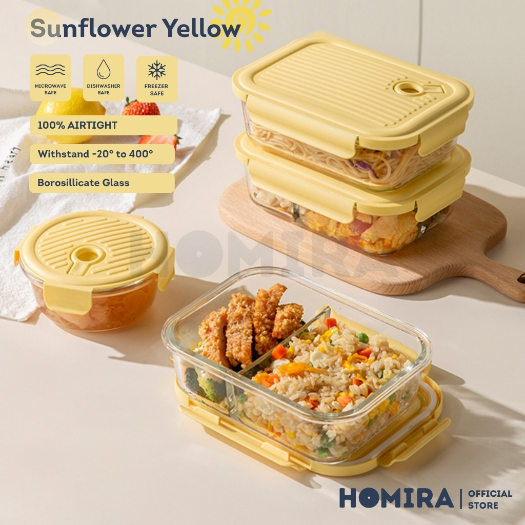 Homira Sunflower Yellow Borosilicate Glass Food Container – Airtight ...