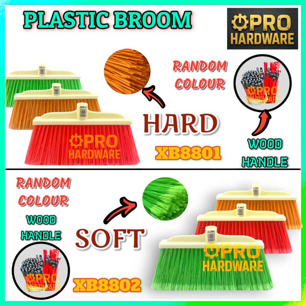 PLASTIC BROOM HEAD RANDOM COLOUR XB8801 / XB8802 WOOD HANDLE / STEEL ...
