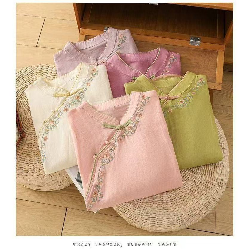 Vibrant Color Chinese Style Blouse | Linen-Cotton with Embroidery ...