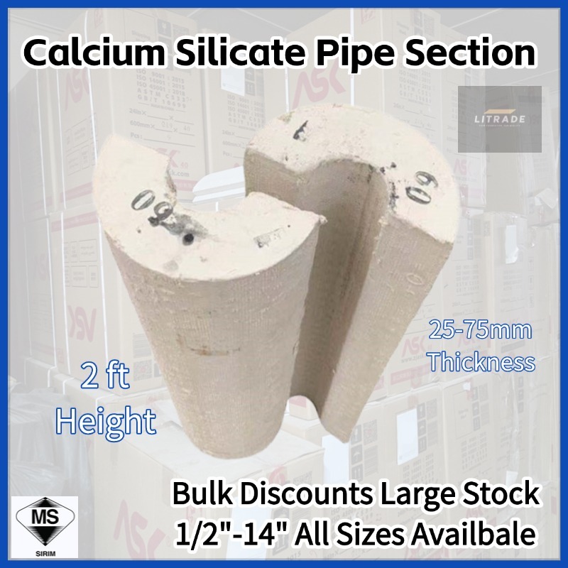 25mmThk 5-14" Dia Calcium Silicate 2ft Pipe Sectional Pro Safe Thermal ...