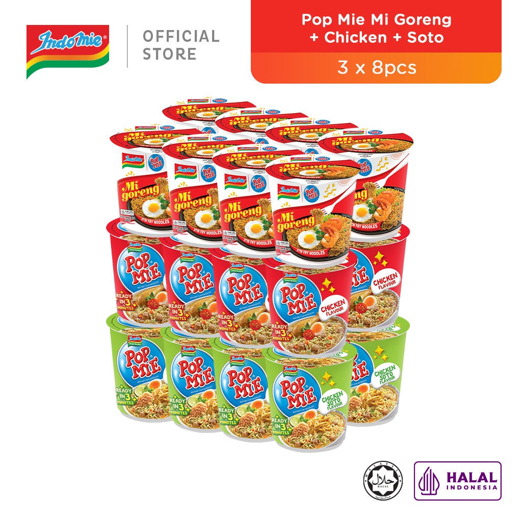 Pop Mie Indomie Mi Goreng + Chicken + Soto Flavour 3 x 8 cups | Shopee ...