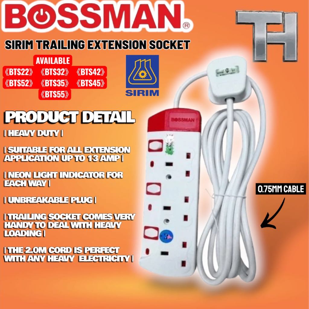 ~ BOSSMAN (SIRIM) TRAILING SOCKET ELECTRICAL EXTENSION WIRE PLUG 2meter ...