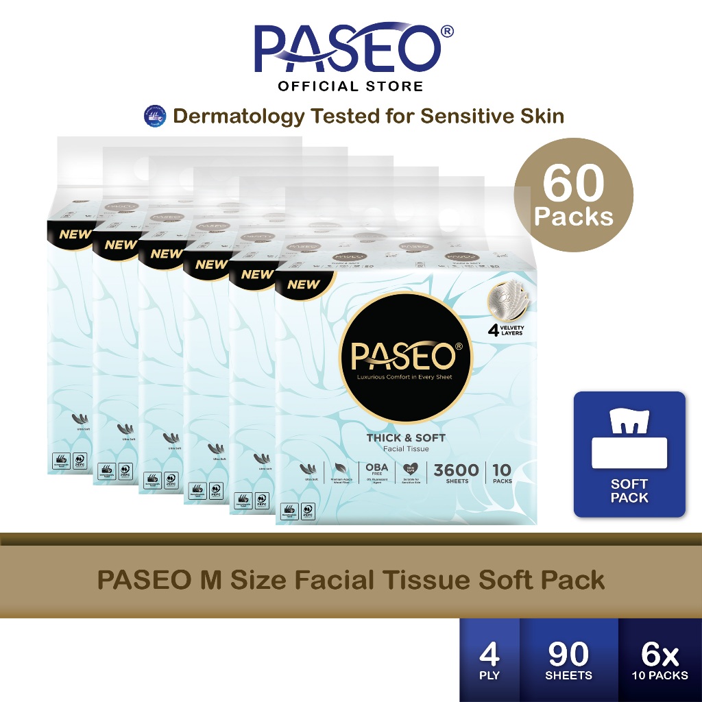[Bundle of 6] Paseo M Size Facial Tissue Soft Pack (90 Sheets x 10 ...