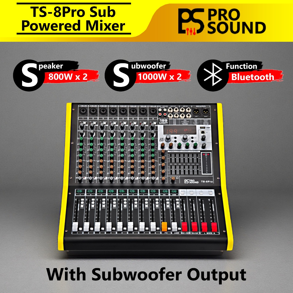 PS Pro Sound TS-8Pro 8ch Powered Mixer w Subwoofer Output & Bluetooth ...