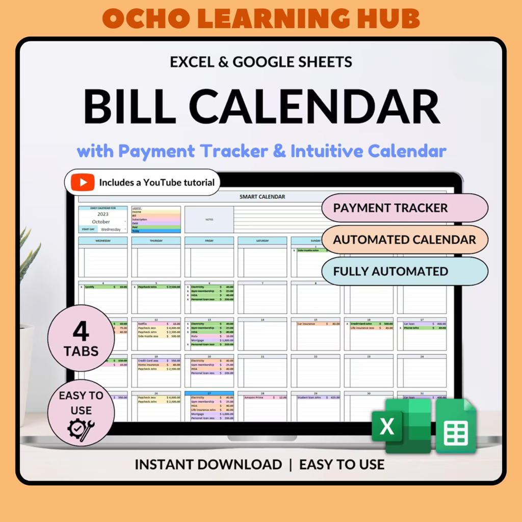 Bill Tracker Spreadsheet Google Sheets & Excel Bill Calendar | Monthly ...