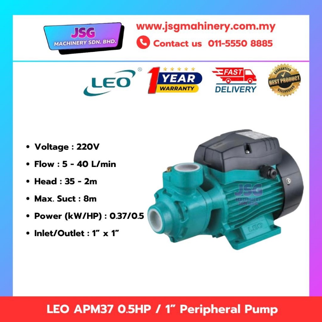 APM37 LEO 0.5HP 0.37KW PERIPHERAL PUMP / PAM AIR RUMAH KOLAM (1 PHASE ...