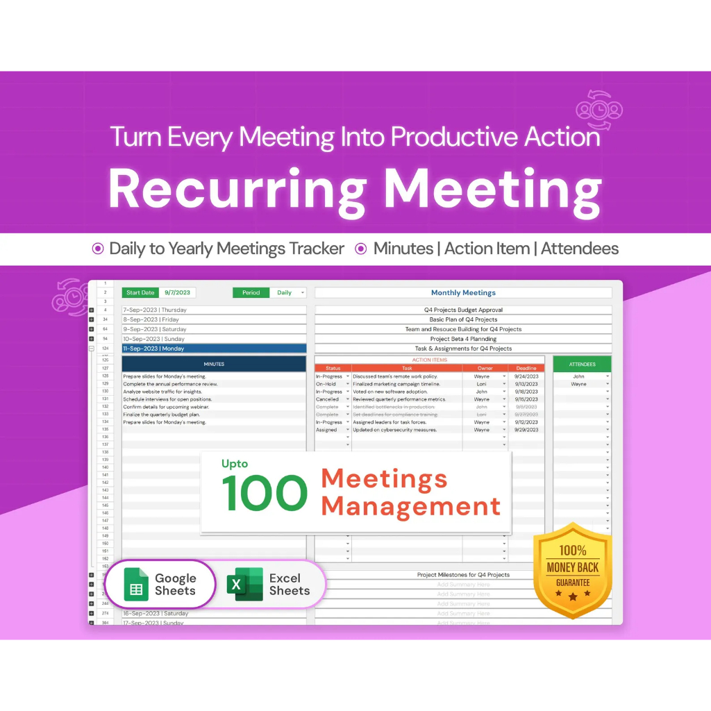Recurring Meeting Template Minutes Agenda & Action Item List Tracker ...