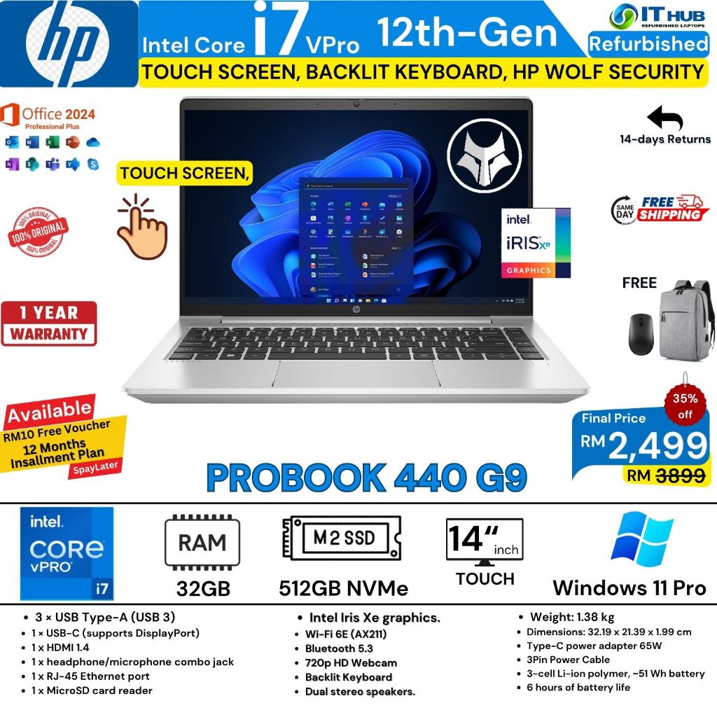 HP ProBook 440 G9 TOUCH Core i7 12thGen, 14" FHD, Windows 11Pro ...
