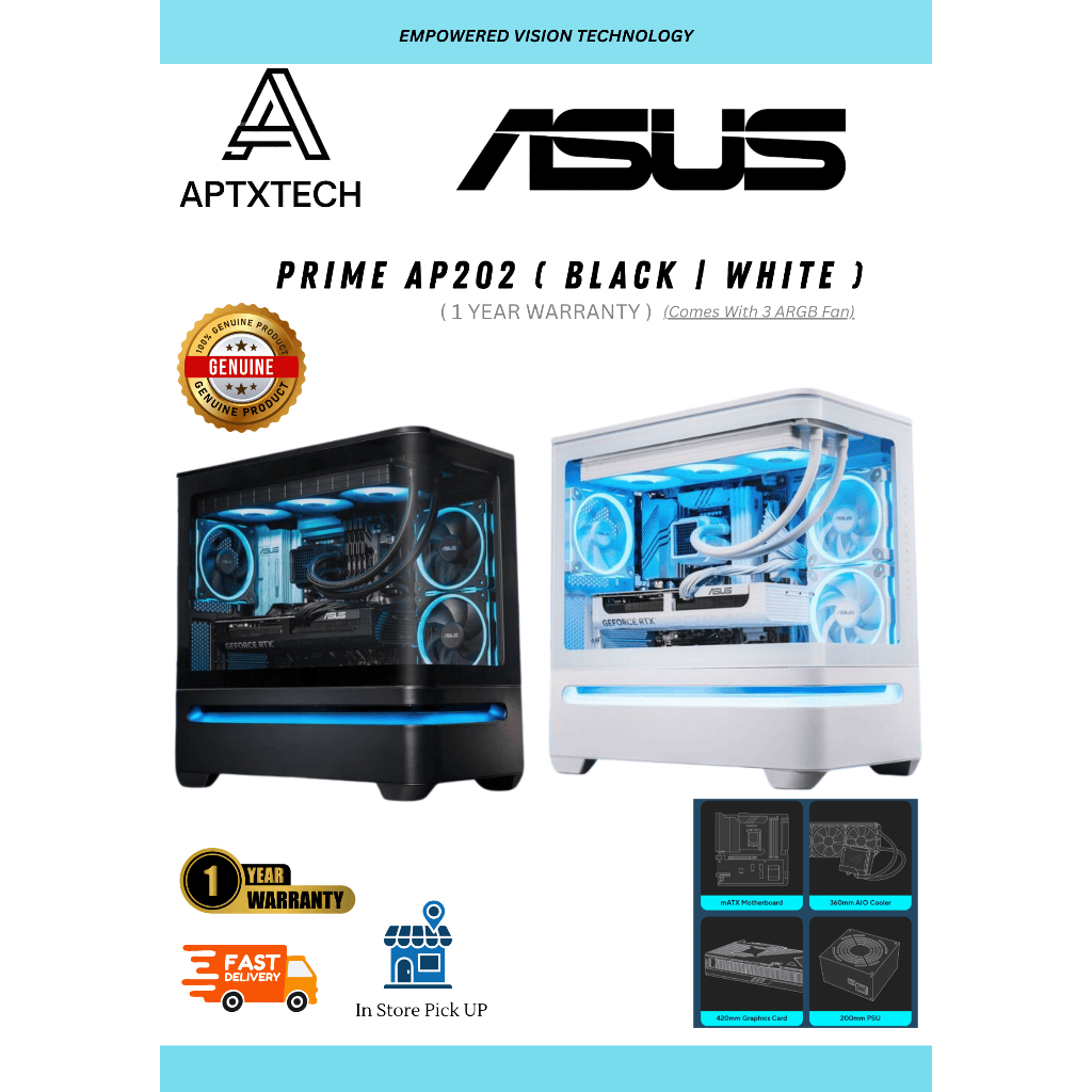ASUS PRIME AP202 MATX CASING w 3 ARGB Fan (Black|White) | Shopee Malaysia