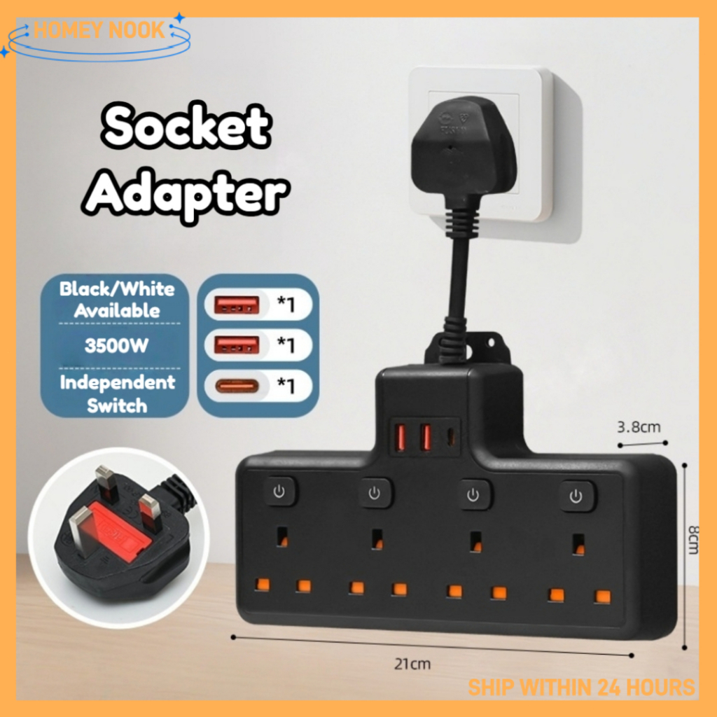 T-Adaptor Soket Plug 3 Pin Adapter Plug Socket Wayar Extension Wall ...