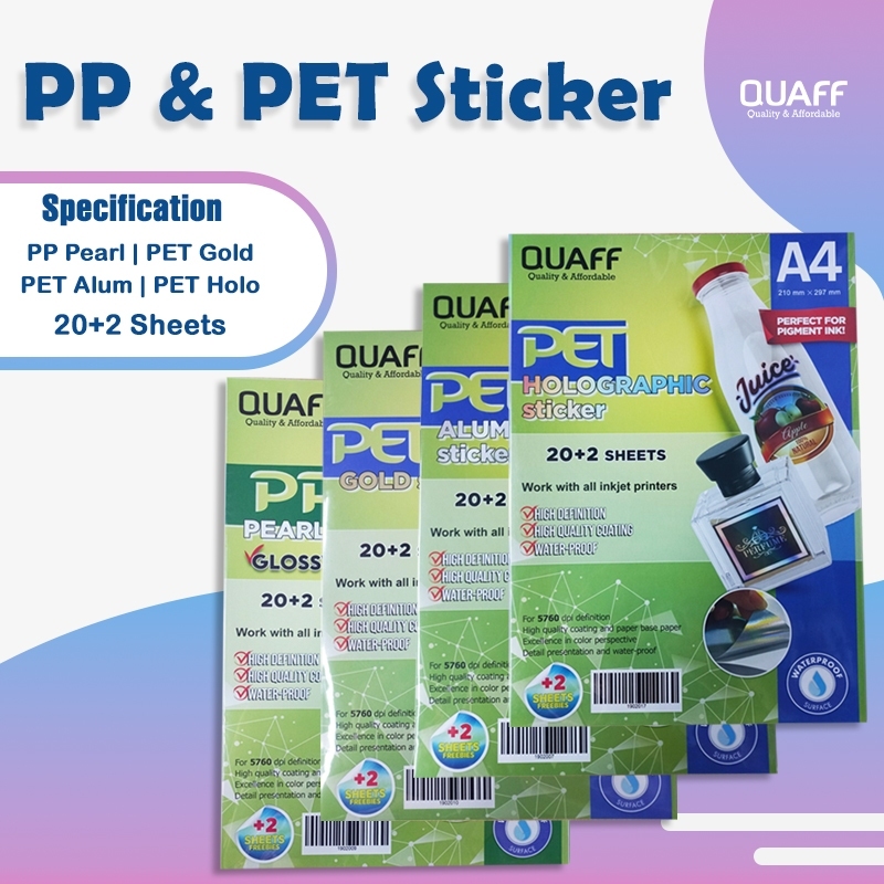 QUAFF PET // PP Label Sticker Waterproof A4 size (20sheets per pack ...