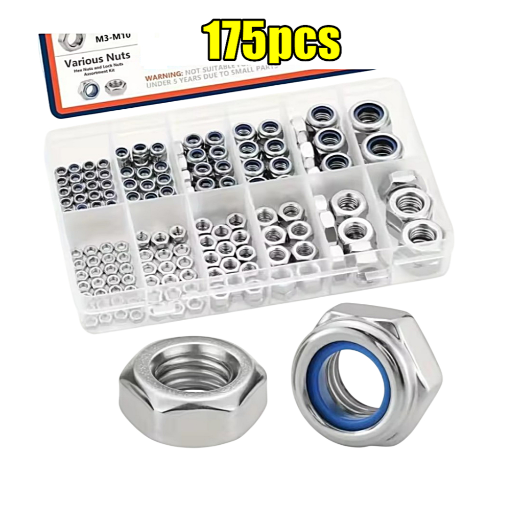 175pcs Nat Hex Stainless Steel Lock Nut & Hex Nut M3 M4 M5 M6 M8 M10 ...