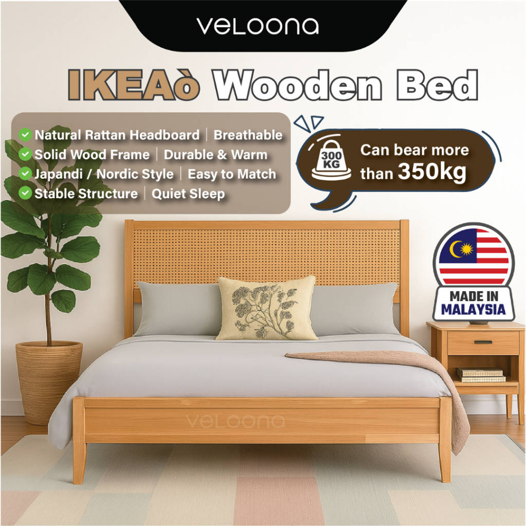 VELOONA YUMA Bed Frame Katil Kayu Getah Queen - Muji Style Solid Wood ...