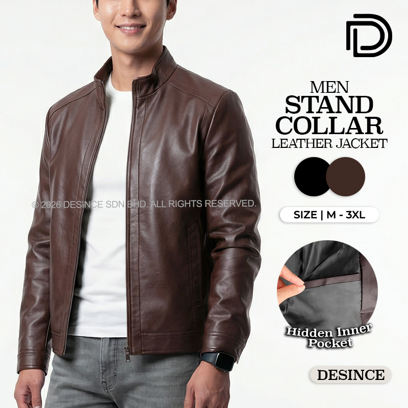 🇲🇾 DESINCE Men Stand Collar PU Leather Jacket Casual Outerwear Jacket ...