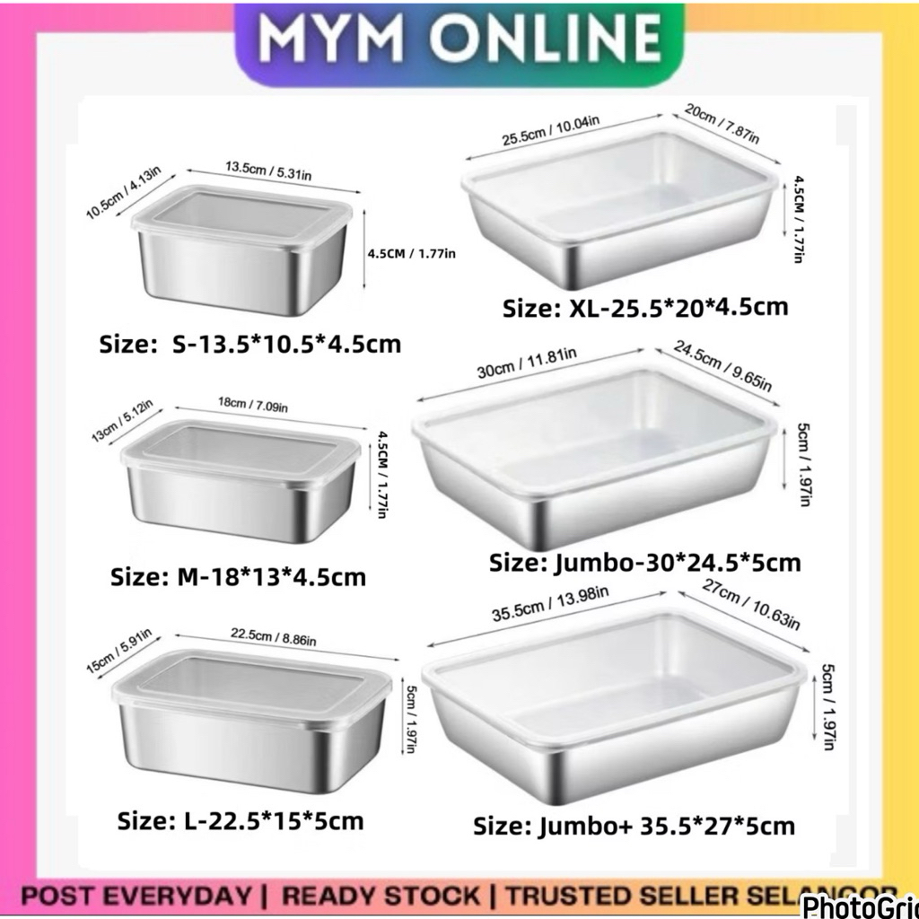 S-4XL Stainless Steel Food Box With Lid Storage Box Grill Tray Seal ...