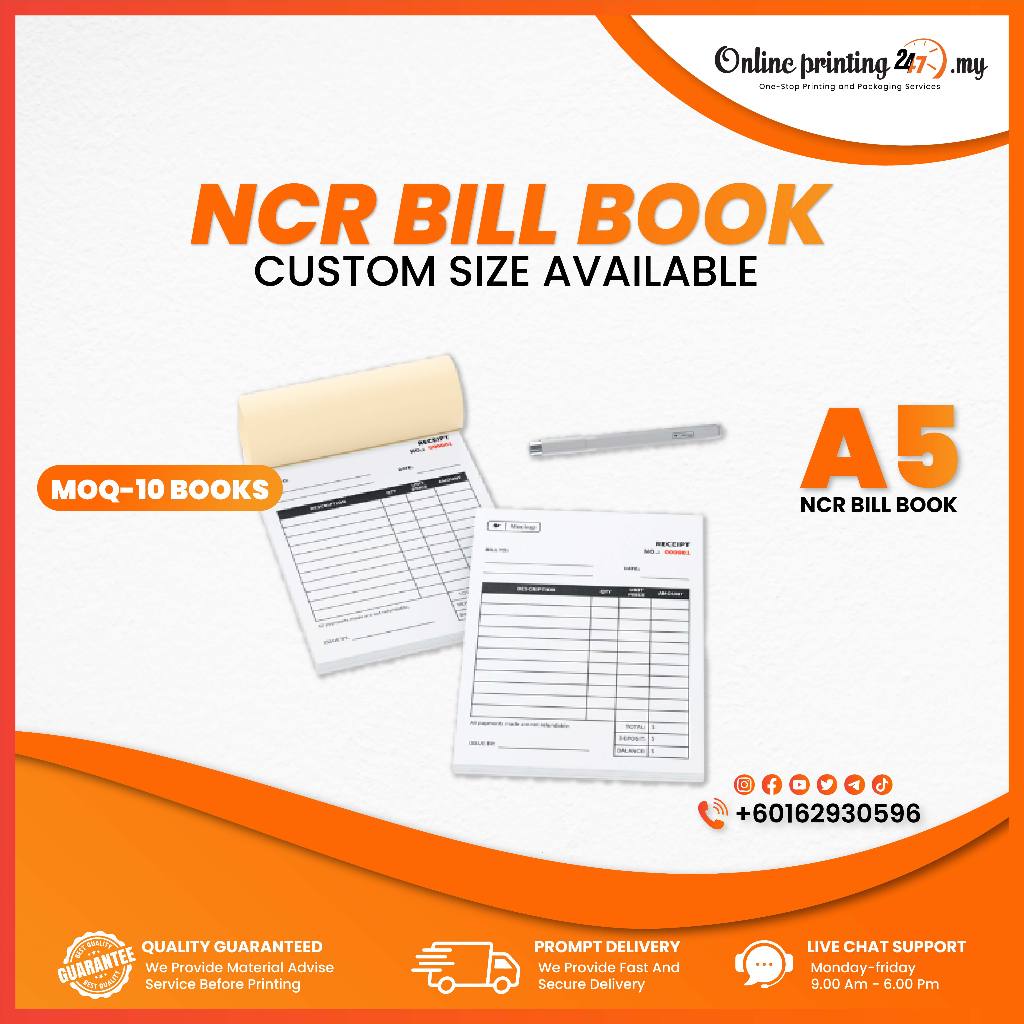 Custom A5 NCR Bill Books Malaysia – 2 Ply & 3 Ply Multi-Purpose Receipt, Order, and Invoice ...
