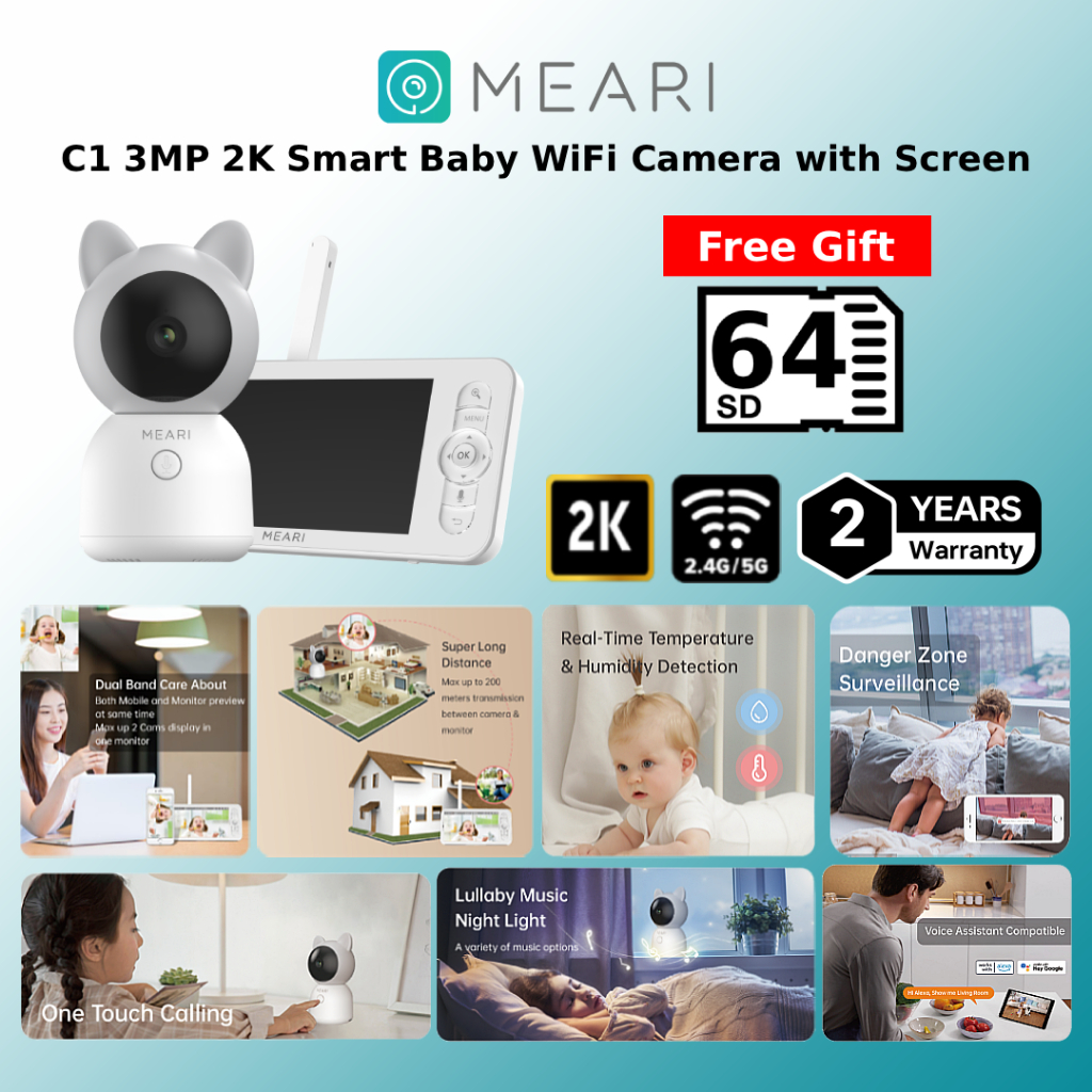 [FOC 64GB SD Card] Meari C1 3MP 2K 360° PTZ Smart Baby CCTV Camera with ...