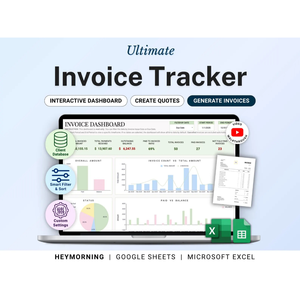 Invoice Generator Tracker Google Sheets Excel Invoice Spreadsheet Small Business Billing Payment ...